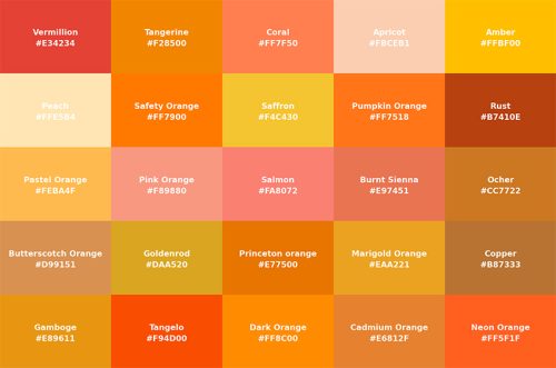 Shades of Orange - 100 Tones Including All Color Codes